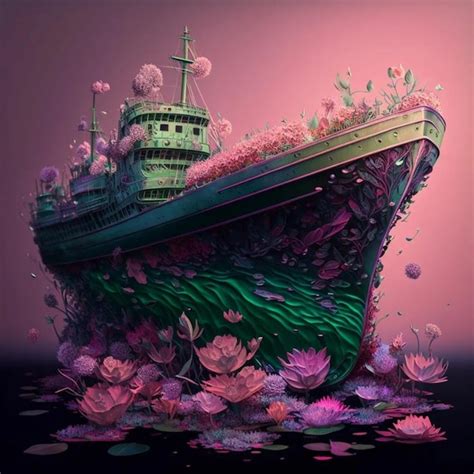 Una Pintura Digital De Un Barco Con Flores En El Fondo Foto Premium