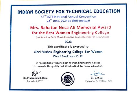 Svecw Received The Best Women Engineering College Award At 53rd Iste National Annual Convention