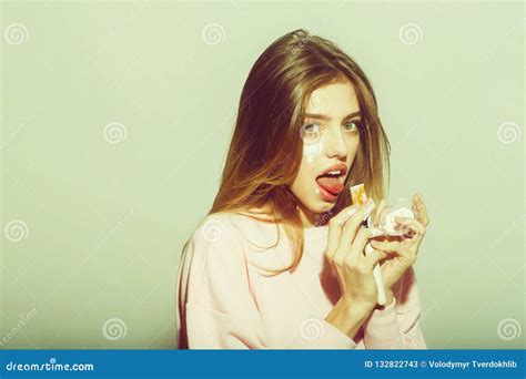 Pretty Girl Putting Facial Cream Or Mask On Face Stock Image Image Of
