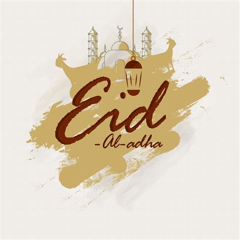 Eid Al Adha Font With Brush Stroke Effect Goats And Mosque Illustration