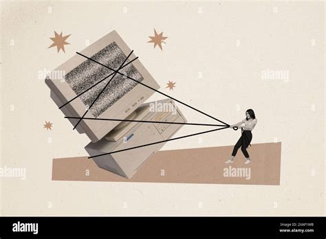 Composite Collage Image Of Funny Female Pulling Monitor Old Computer Internet Broken Repair