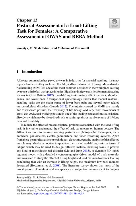 Pdf Postural Assessment Of A Load Lifting Task For Females A Comparative Assessment Of Owas