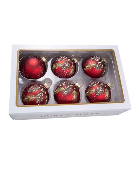Kurt Adler 80mm Glass Red With Pinecone Design Ball Ornaments 6 Piece