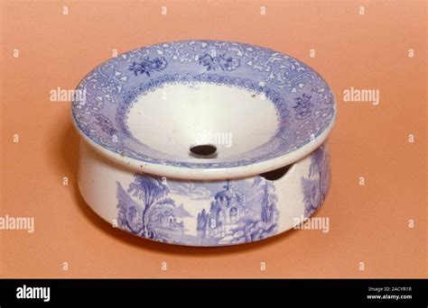 English Ceramic Spittoon With Blue Pattern Transfer Circa 1860