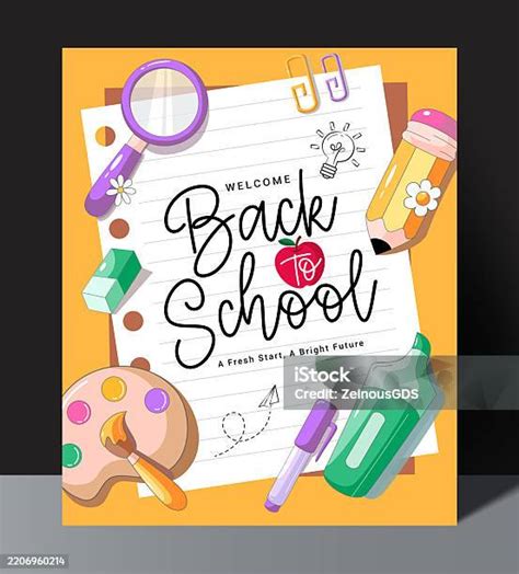 학교 인사말 클립 아트 포스터 디자인으로 돌아 가기 학교에 오신 것을 환영합니다 인사말 텍스트와 메시지 종이 공간 노란색 배경에 고등학교에 대한 스톡 벡터 아트 및 기타