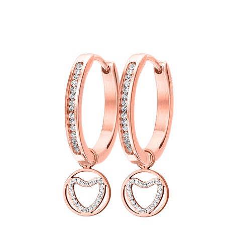Stalen roséplated oorringen met hanger hart met kristal voor dames