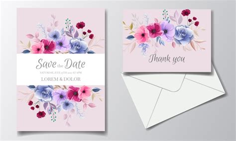 다채로운 손으로 그린 꽃 결혼식 초대 카드 프리미엄 벡터