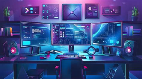 A Futuristic Computer Setup With Multiple Monitors And Dynamic Graphics