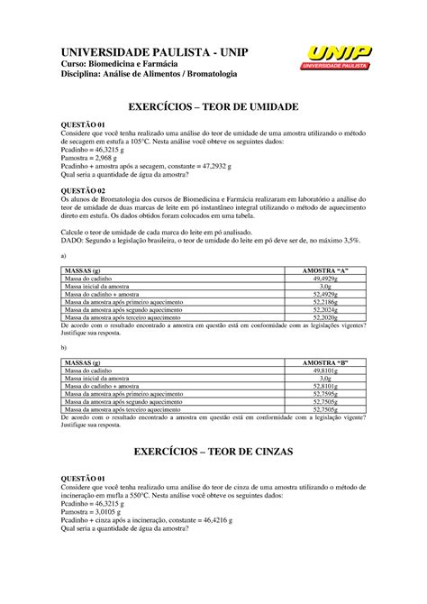 Aula Exerc Cios Teor De Umidade E Cinzas Alunos