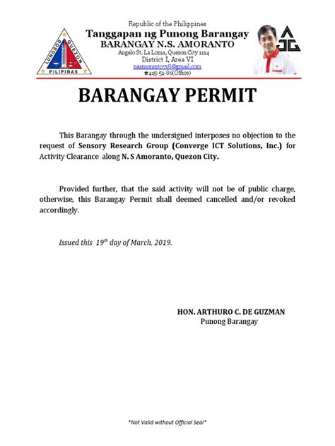 Barangay Permit Tanggapan Ng Punong Barangay Pdf