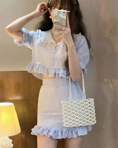 2pcsset Summer Chiffon Pearls Sweet Korean Lace Ruffle Flounce Kawaii