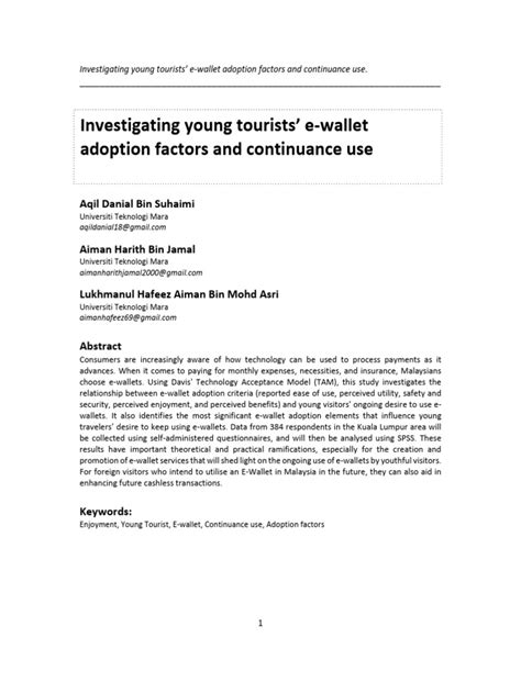 Investigating Young Tourists E Wallet Adoption Factors And Continuance Usefinal Manuscript