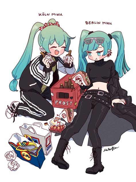 Shihoran Hatsune Miku Vocaloid 2girls Alcohol Aldi Aqua Eyes