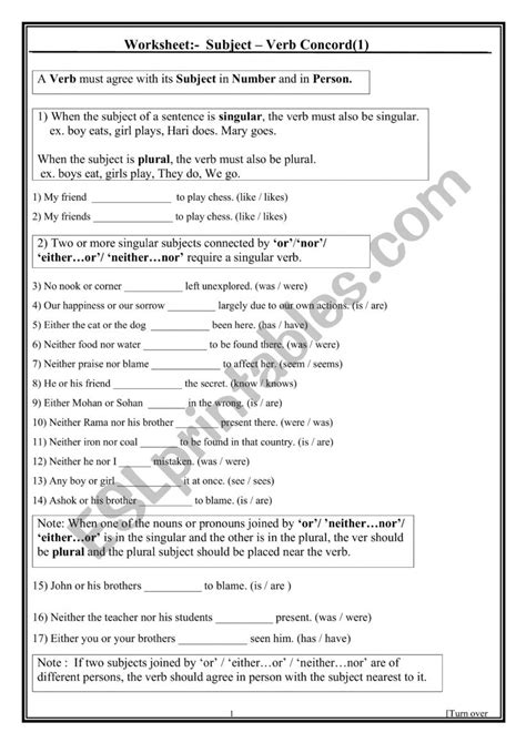 Subject Verb Concord Exercises
