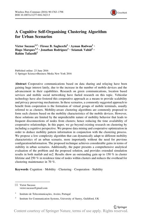 A Cognitive Self Organising Clustering Algorithm For Urban Scenarios Request Pdf
