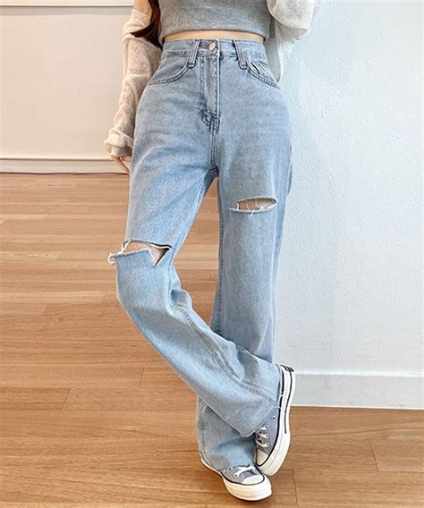 Xs L인생찢청 하이웨스트 와이드 연청 데님 청바지