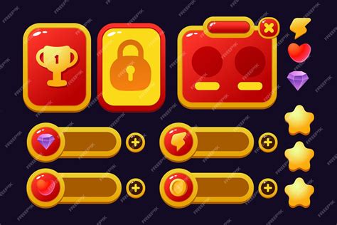Premium Vector Set Of Game Assets Menu Buttons Popup Screens And Settings Buttons Red And Yellow