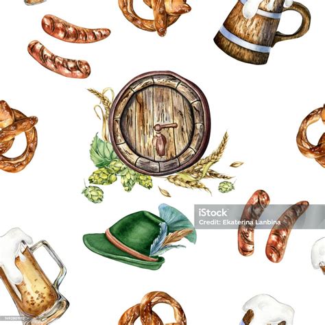 나무 맥주통과 머그잔 독일 모자 수채화 이음매 없는 패턴이 흰색으로 분리되어 있습니다 홉 밀 귀 프레첼 손으로 그린 소시지 양조