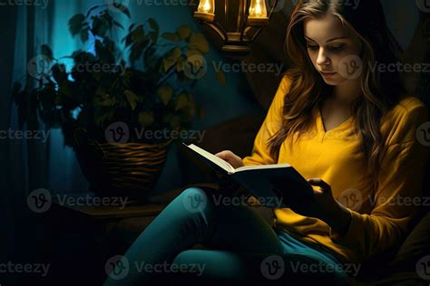 Young Woman Reading A Book On A Couch By Candles Generative Ai 33542213