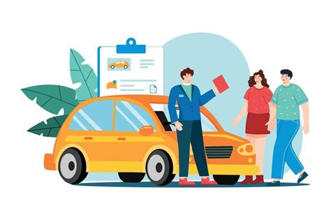 커플에게 자동차에 대한 세부 정보를 제공하는 자동차 쇼룸 관리자 프리미엄 벡터