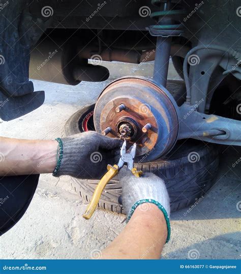Checking Brake System Repairing Old Car Stock Image Image Of Disc Caliper