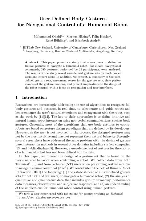 Pdf User Defined Body Gestures For Navigational Control Of A Humanoid Robot