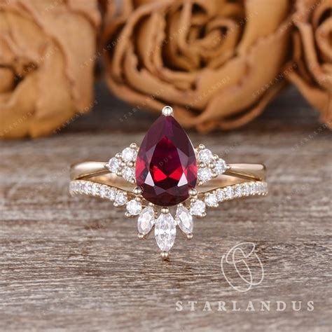 Ct Pear Shaped Lab Ruby Bridal Set Pcs Cluster Gold Marquise Moissanite Wedding Band Women