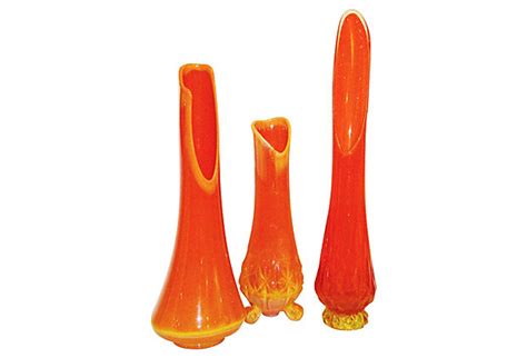 Set Of 3 Mid Century Modern Orange Glass Vases Modernism