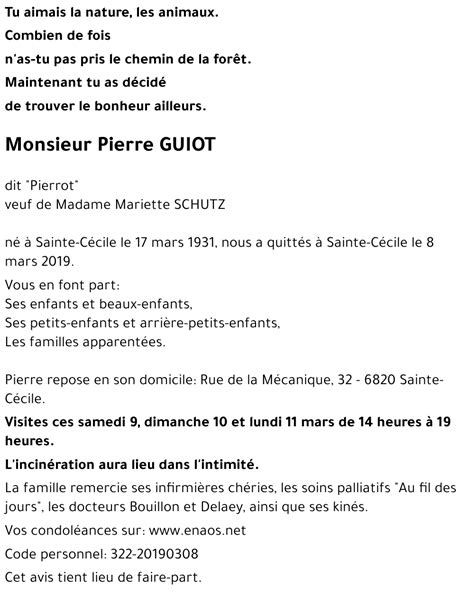 Avis De Décès De Pierre Guiot Décédé Le 08 03 2019 à Sainte Cécile Annonce Condoléances