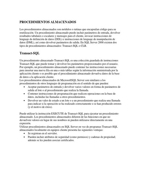 Procedimientos Almacenados Pdf Servidor Sql De Microsoft Sql