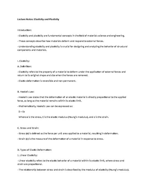 Lecture Notes Elasticity And Plasticity Lecture Notes Elasticity
