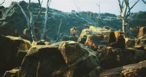 Cgi Rocky Terrain With Barren Trees Under Cloudy Sky In Early Morning Light 67315496 Stock Video