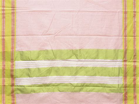 Cream And Light Green Bamboo Cotton Saree With Small Checks Design No