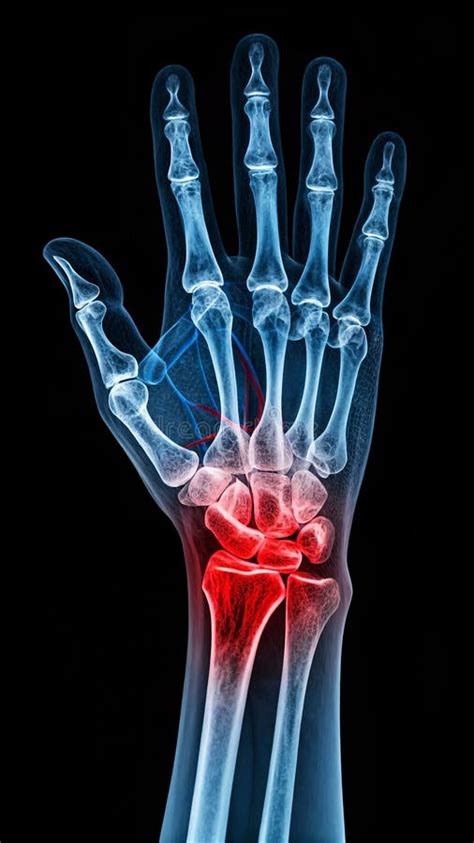 Detailed X Ray View Highlights Bone Structure And Joint Details Of A Human Hand Stock
