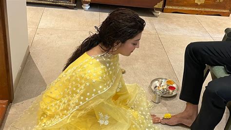 Pranitha Subhash Reacts After Getting Trolled For Touching Husband S Feet Holds Great