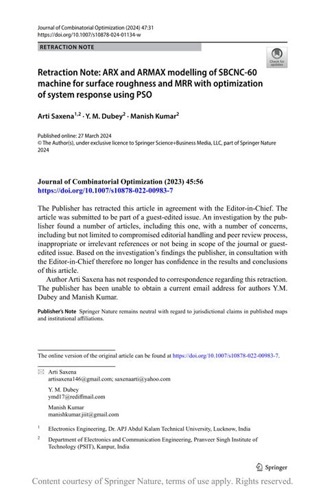 Retraction Note Arx And Armax Modelling Of Sbcnc 60 Machine For Surface Roughness And Mrr With