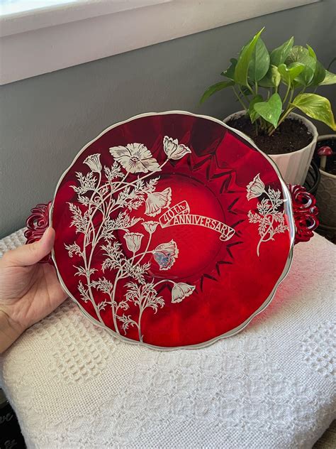 Viking Ruby Red Glass Cake Platter 40th Anniversary And Floral Silver