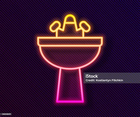 검은 배경에 고립 된 물 수돗물 아이콘과 빛나는 네온 라인 Washbasin 벡터 가구에 대한 스톡 벡터 아트 및 기타 이미지