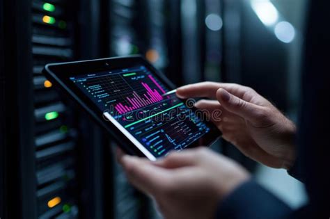 Consultant Examines Server Room Performance Metrics On Tablet Assesses