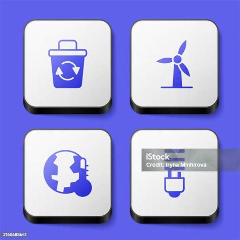 재활용 쓰레기통 풍력 터빈 지구 온난화에 녹는 지구 및 Led 전구 아이콘을 설정합니다 흰색 사각형 버튼입니다 벡터 0명에 대한 스톡 벡터 아트 및 기타 이미지 Istock