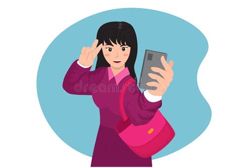 Selfie Expert Happy Woman Selfie On Social Media Flat Style Cartoon