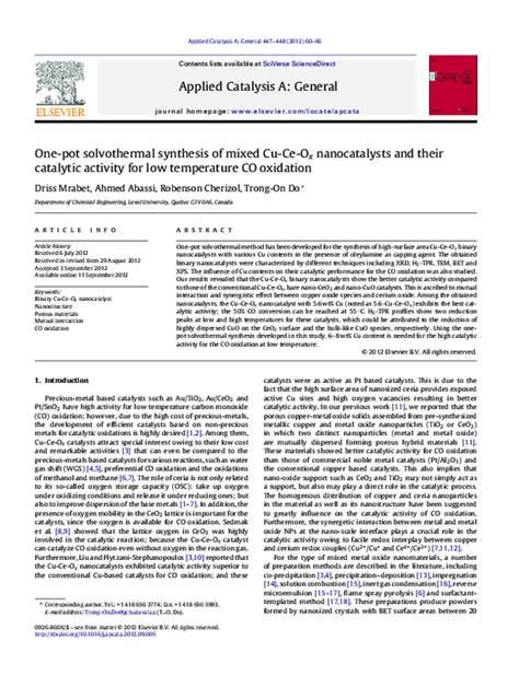 Pdf One Pot Solvothermal Synthesis Of Mixed Cu Ce Ox Nanocatalysts And Their Catalytic