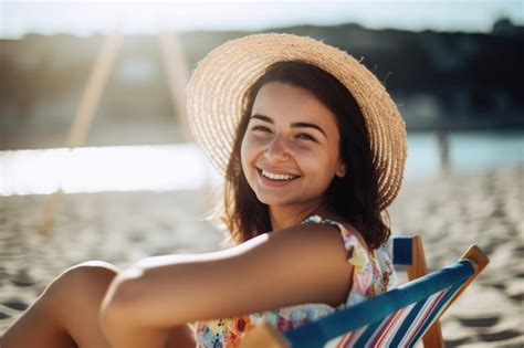 Premium Ai Image A Woman Sits On A Beach In A Beach Chair Wearing A