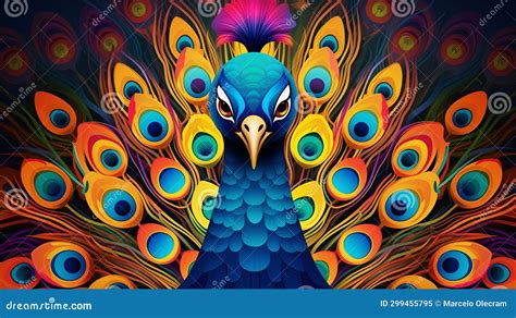 A Colorful Peacock Illustration Facing Forward With Tail Feathers That Have Patterns Stock