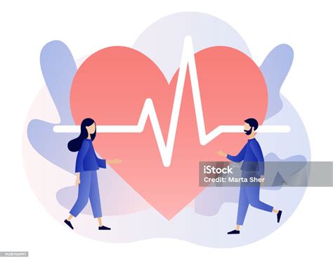 심장학 치료 및 검진 심장 건강과 질병 맥박수를 가진 큰 심장 의료 개념 현대 플랫 만화 스타일 흰색 배경에 벡터 일러스트 레이