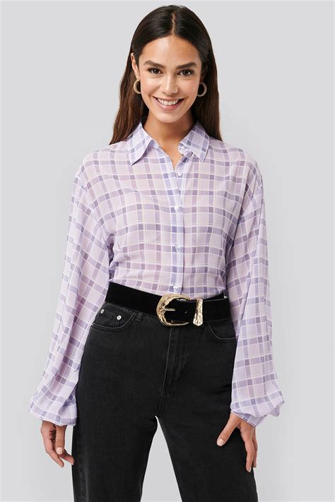 Plaid Sheer Blouse Purple Na