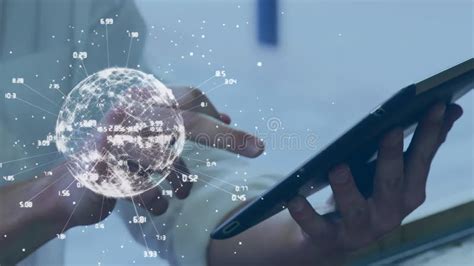 Animation Of Numbers And Globe Over Caucasian Businesswoman Using