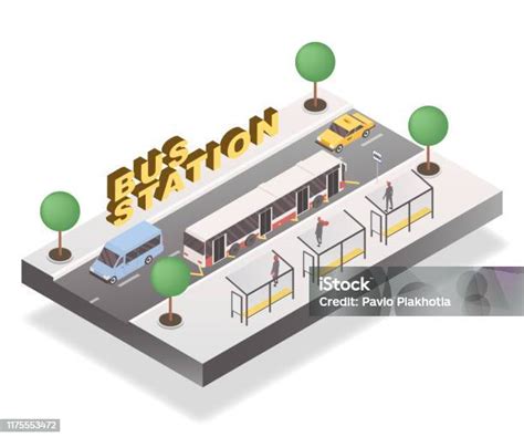 버스 정류장 아이소메트릭 배너 벡터 템플릿입니다 길가 밴 및 택시 3d 그림에 문자승객 도시 건축 요소 대중 교통 도시 여행 비즈니스 개념 건축에 대한 스톡 벡터 아트 및