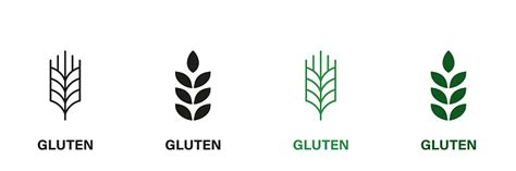 글루텐 성분 라인과 실루엣 아이콘 세트 밀 알레르기 제품 녹색과 검은 색 픽토그램 흰색 배경에 유기농 시리얼 씨앗 기호 컬렉션 고립된 벡터 그림 밀에 대한 스톡 벡터 아트