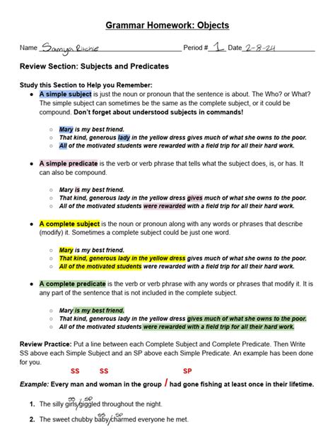 Edited Grammar Objects Review Homework Pdf